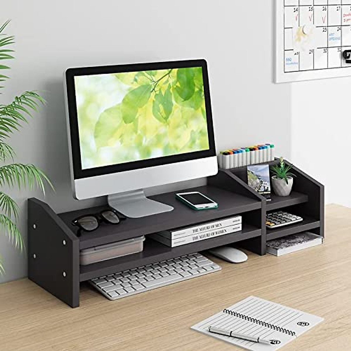 Catekro Monitor Stand Riser, 2 Tiers Wood Monitor Riser Stand with Storage Organizer, Multi-Purpose Desktop Organizer Riser for Computer,Laptop,Printer(Black)