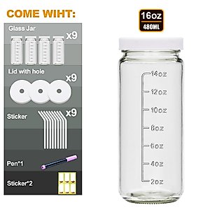 Salzesfalls 16oz Glass Juice Bottles with Lids and Straw,Reusable Juice Bottles with Lids,Travel Drinking Jars with Scale, for Juice,Coffee,Iced Tea,Smoothies,Milk,Set of 9