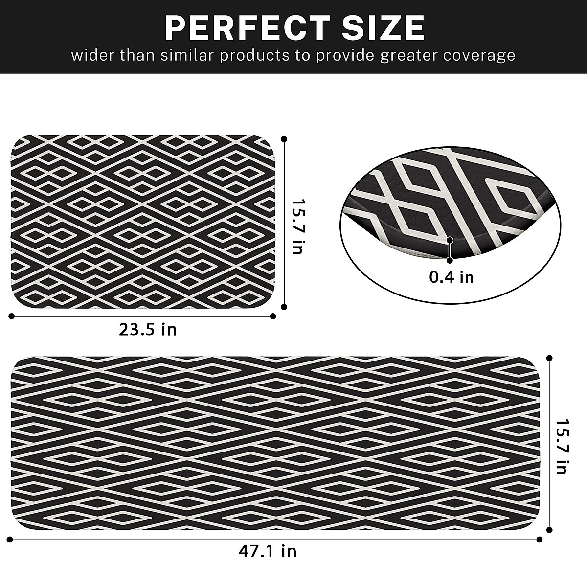 Tayney Black Geometric Kitchen Rugs and Mats Non Skid Washable Set of 2, Grid Diamond Kitchen Runner Rug, Modern Abstract Under Sink Mats for Kitchen Floor Decor