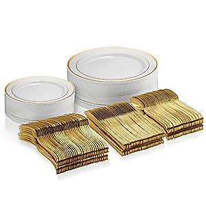125 Piece Gold Dinnerware Party Set - 50 Gold Rim Plastic Plates, 25 Dinner 25 Dessert Plates, 75 Gold Silverware, 25 Knives, 25 Forks, 25 Spoons - 25 Guest Disposable Set for Wedding Birthday Parties