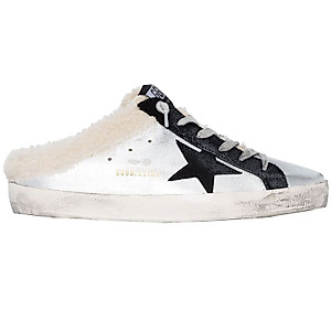 Golden Goose Super-Star Sabot Laminated Upper Suede Star Shearling Lining Womens Distressed Sneakers-37 White
