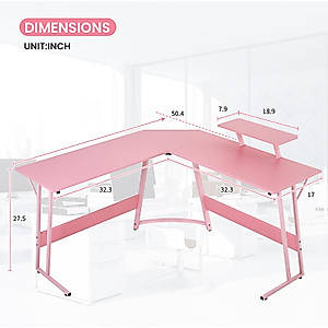 BLKMTY L Shaped Desk PC Gaming Desk Computer Desk with Monitor Stand Large Desktop Studying Executive Table Corner Desk Office Computer Table for Home Office Sturdy Writing Workstation, Pink