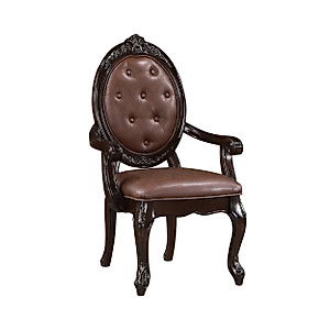 Benjara Cran 24 Inch Dining Armchair, Carved Details, Faux Leather Seat, Brown