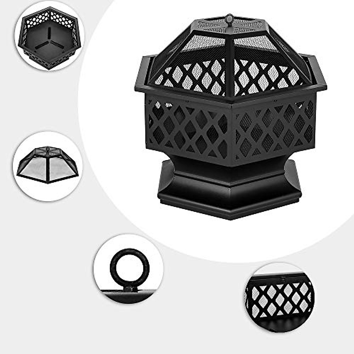Douup 24-Inch Outdoor Fire Pit with Mesh Screen and Poker Hex Shaped Metal Wood Burning Bonfire Pit for Outdoor Camping Patio Backyard Garden - 8" Deep Bowl