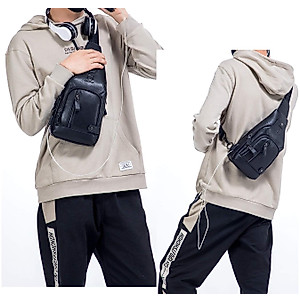 BULLCAPTAIN Men Sling Crossbody Bag with USB Charging Port Genuine Leather Shoulder Chest Bag Travel Hiking Backpack (Black)