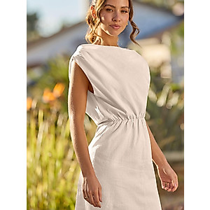 LILLUSORY Summer Dresses for Women 2023 Trendy A-Line One Sleeve Ladies Dresses Vacation Beach Dress Beige S