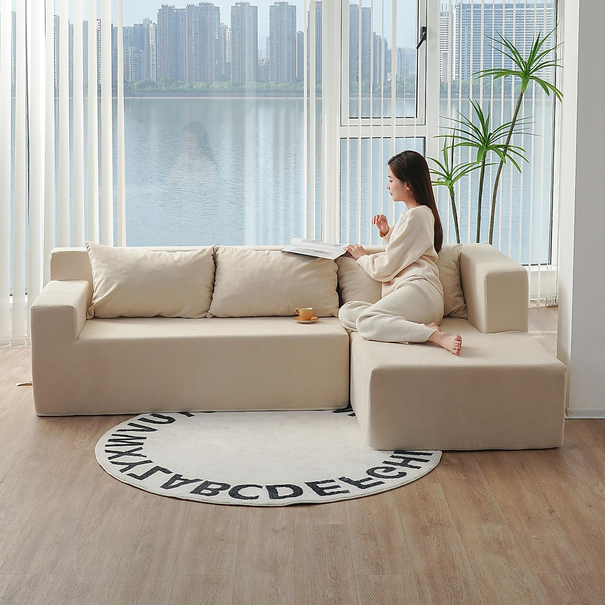 JOYBASE Modular Sectional L-Shaped Sofa Cloud Couch, Modern Minimalist 3-Seat Couch with Right-Hand Facing Chaise for Living Room Office, No Assembly Required (Khaki)