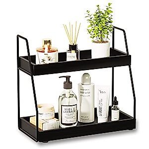 ZGO 2-Tier Bathroom Counter Organizer, Wood Bathroom Organizer Countertop Vanity Organizer Bathroom Tray, Kitchen Spice Rack Counter Shelf Organizers and Storage, Black