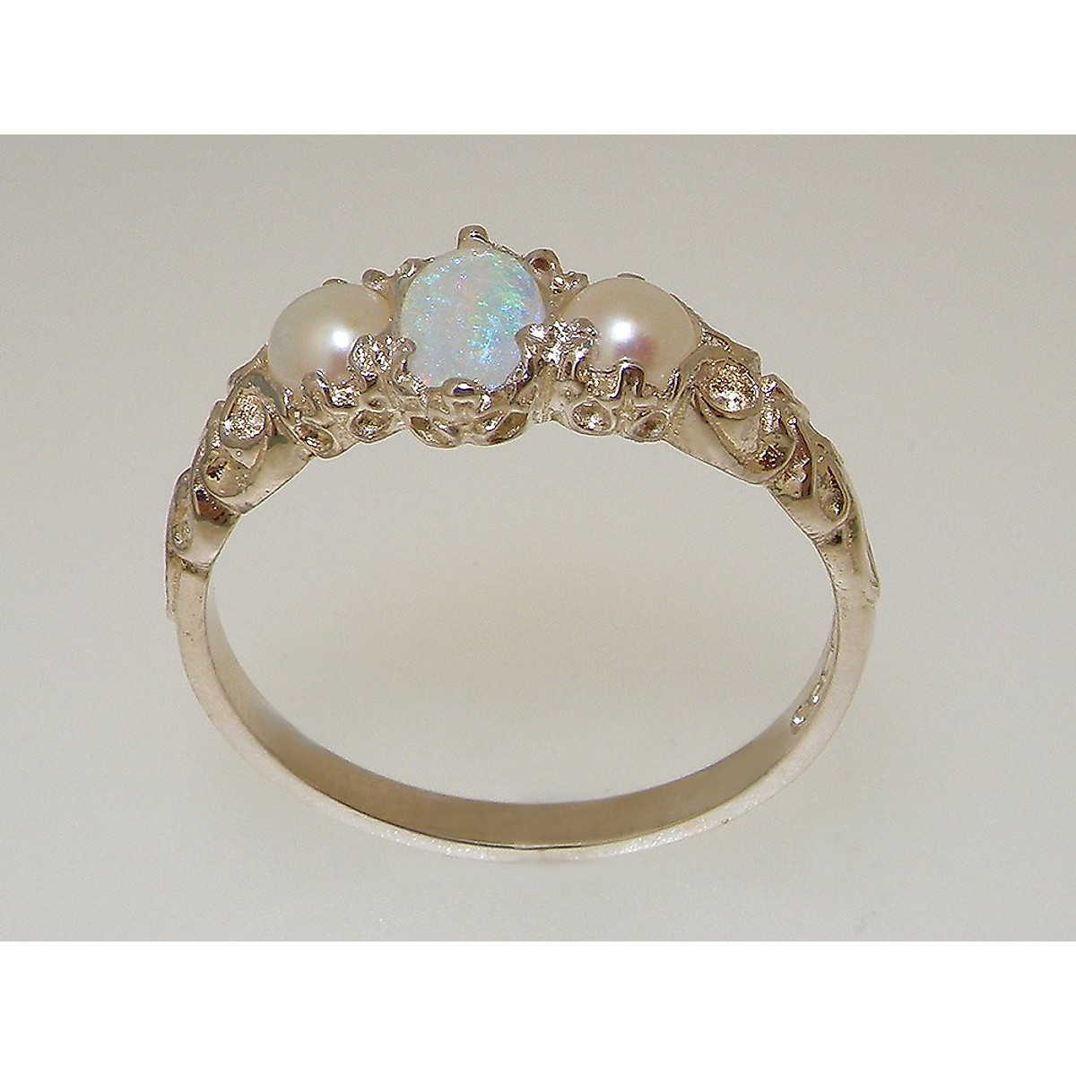 LetsBuyGold 925 Sterling Silver Natural Opal & Cultured Pearl Womens Trilogy Ring - Size 6.75