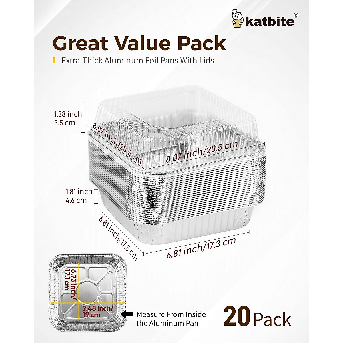 katbite Heavy Duty 8x8 Aluminum Pans with Clear Lids - 20-Pack, Premium Disposable Rectangular Baking Pans, Ideal for Air fryer, Cooking, Heating, Cake Storing & Food Preparation, Prepping Food