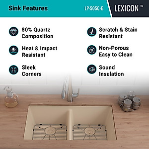 32" x 19" Quartz Kitchen Sink, 50/50 Double Bowl Kitchen Sinks, Drop-in Sink, Undermount Sink, Galaxy Beige Kitchen Sink, Double Sink Kitchen, Grids, Strainer and Flange, Lexicon Platinum LP-5050-B