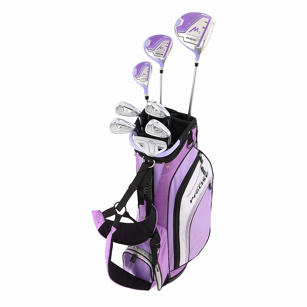 Precise M3 Ladies Womens Complete Golf Clubs Set Includes Driver, Fairway, Hybrid, 7-PW Irons, Putter, Stand Bag, 3 H/C's Purple - Regular, Petite or Tall Size! (Petite Size -1", Right Handed)