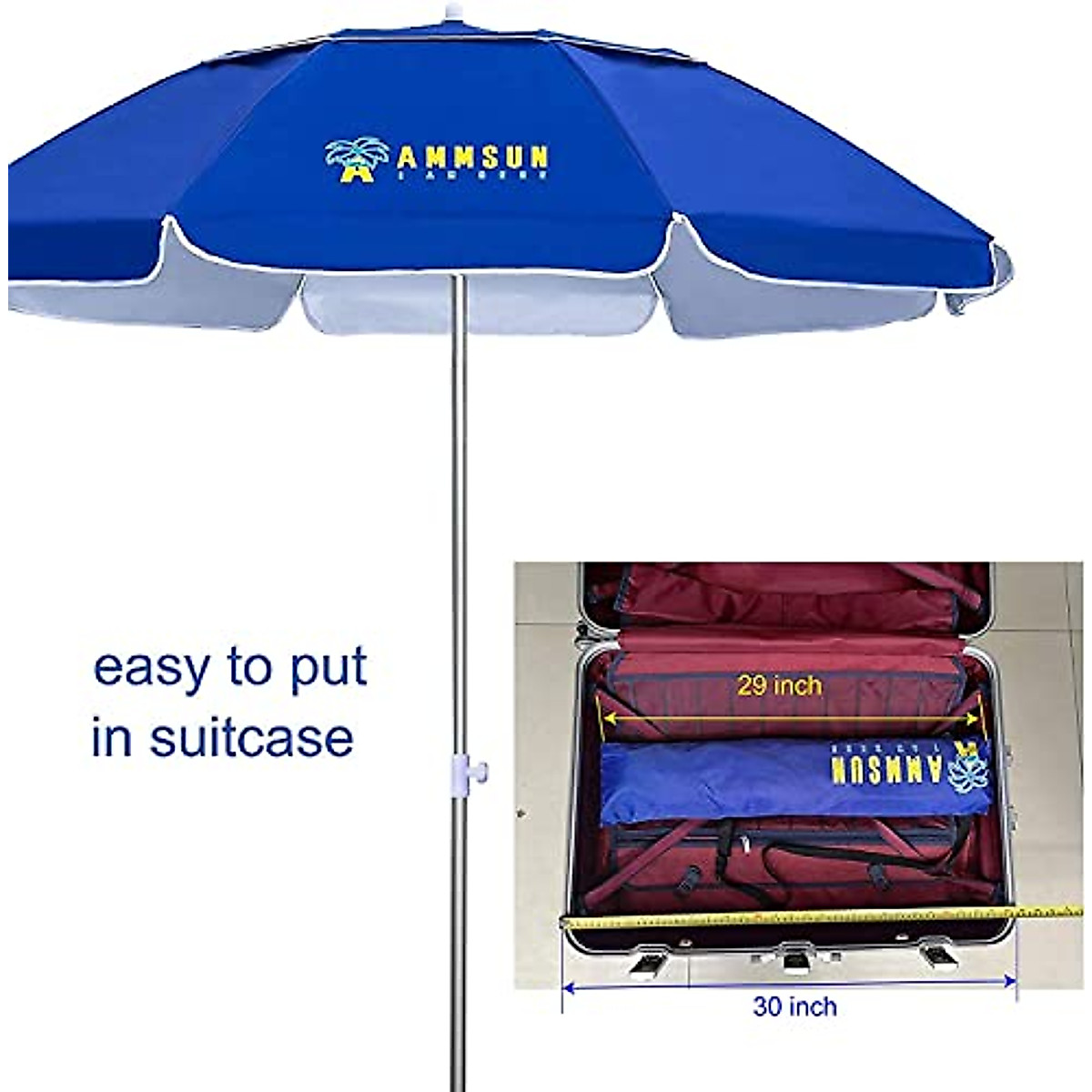 AMMSUN 6.5ft twice folded Portable beach umbrella with sand anchor windproof,Push Button Tilt and Air vent UV 50+ Protection Fits in a large Suitcase for Patio Garden Beach Pool Backyard Blue
