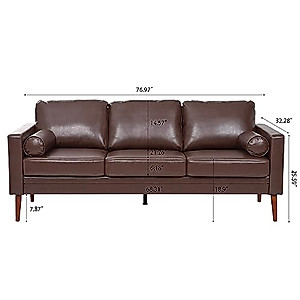 Pabby Yard PU Leather Sectional Sofa 3 Seat Comfy Couches Soft Cushion Sofa with Wooden Legs and 2 Pillows, Mid-Century Modern Sofa Classic Small Spaces Couches Living Room Furniture, Brown