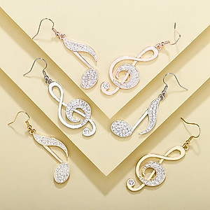 Women Dangle Earrings with Music Note Drop - CZ Clear Crystal Musical Fans Clip on Hook Earring, Rhinestone Fashion Costume Jewelry for Girls…