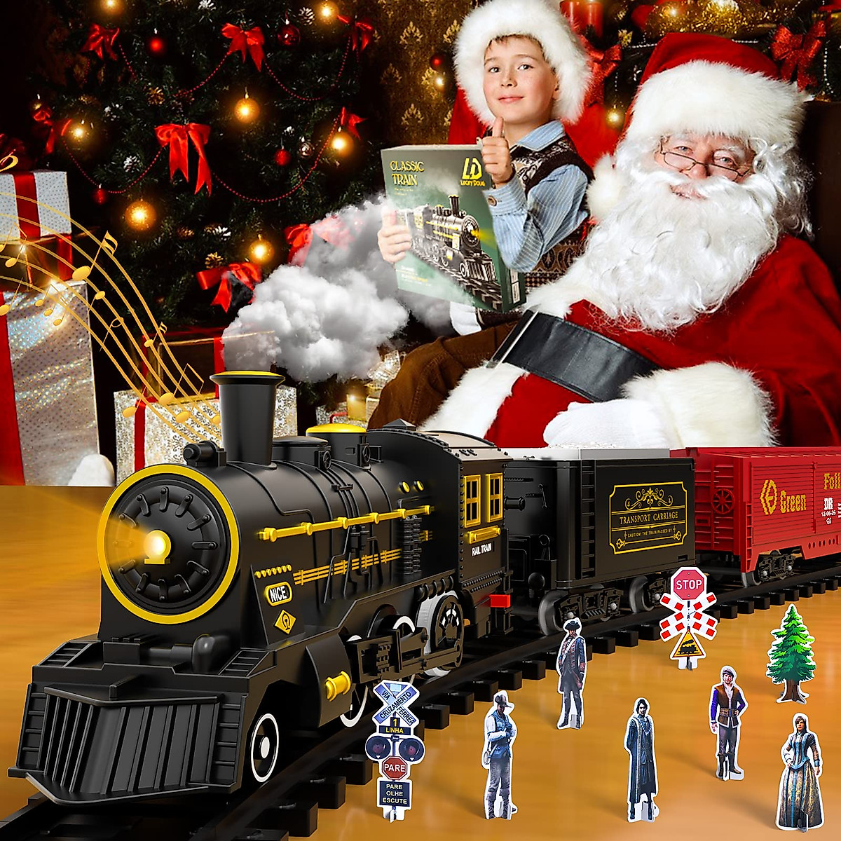 Lucky Doug Christmas Train Set Toys for Kids, Electric Toy Train Set W/Smokes, Light & Sound Include 4 Cars and 14 Tracks, Train Set Toys