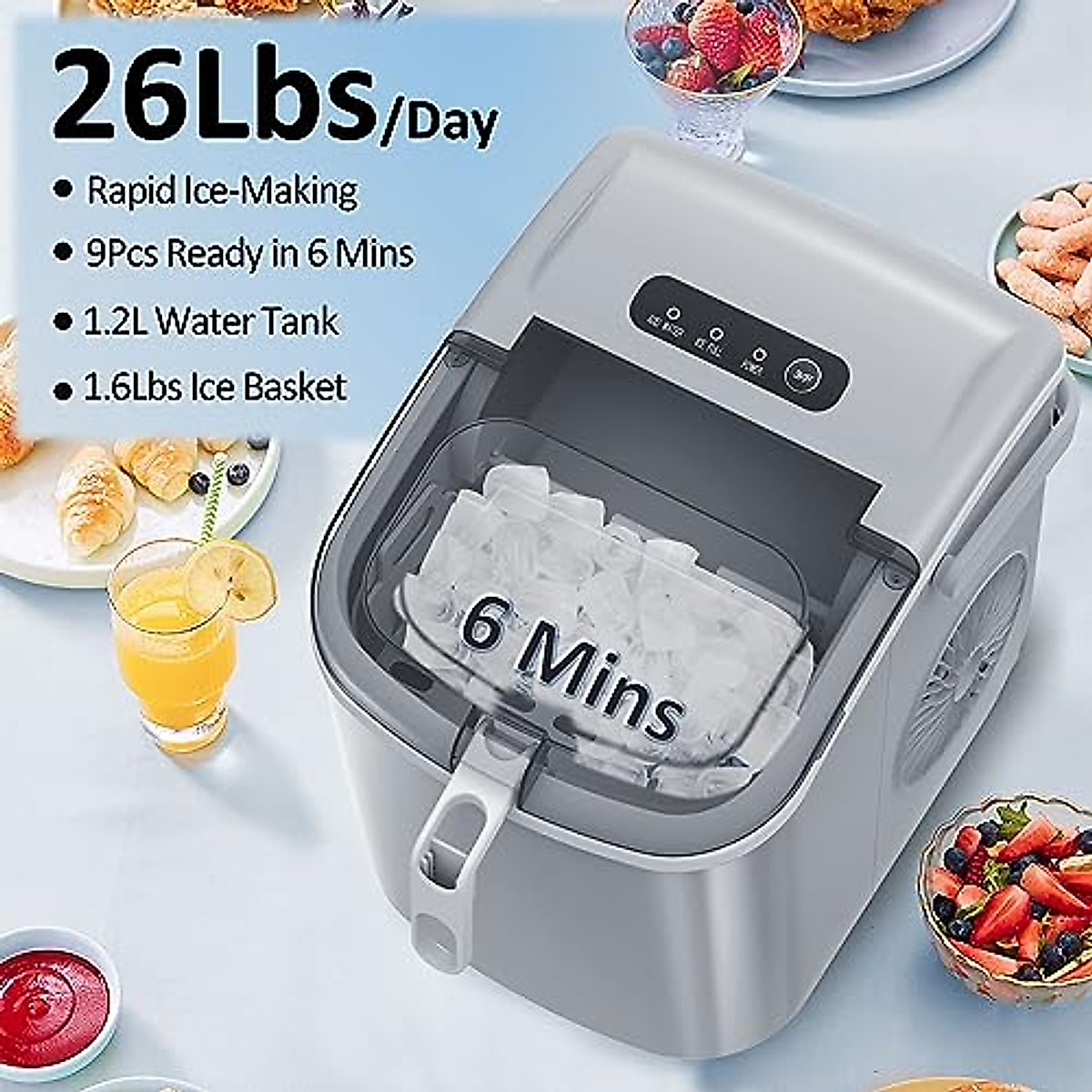 Antarctic Star Countertop Ice Maker Portable Ice Machine, Basket Handle,Self-Cleaning, 26Lbs/24H, 9 Ice Cubes Ready in 6 Mins, S/L ice, for Home Kitchen Bar Party (Gray)