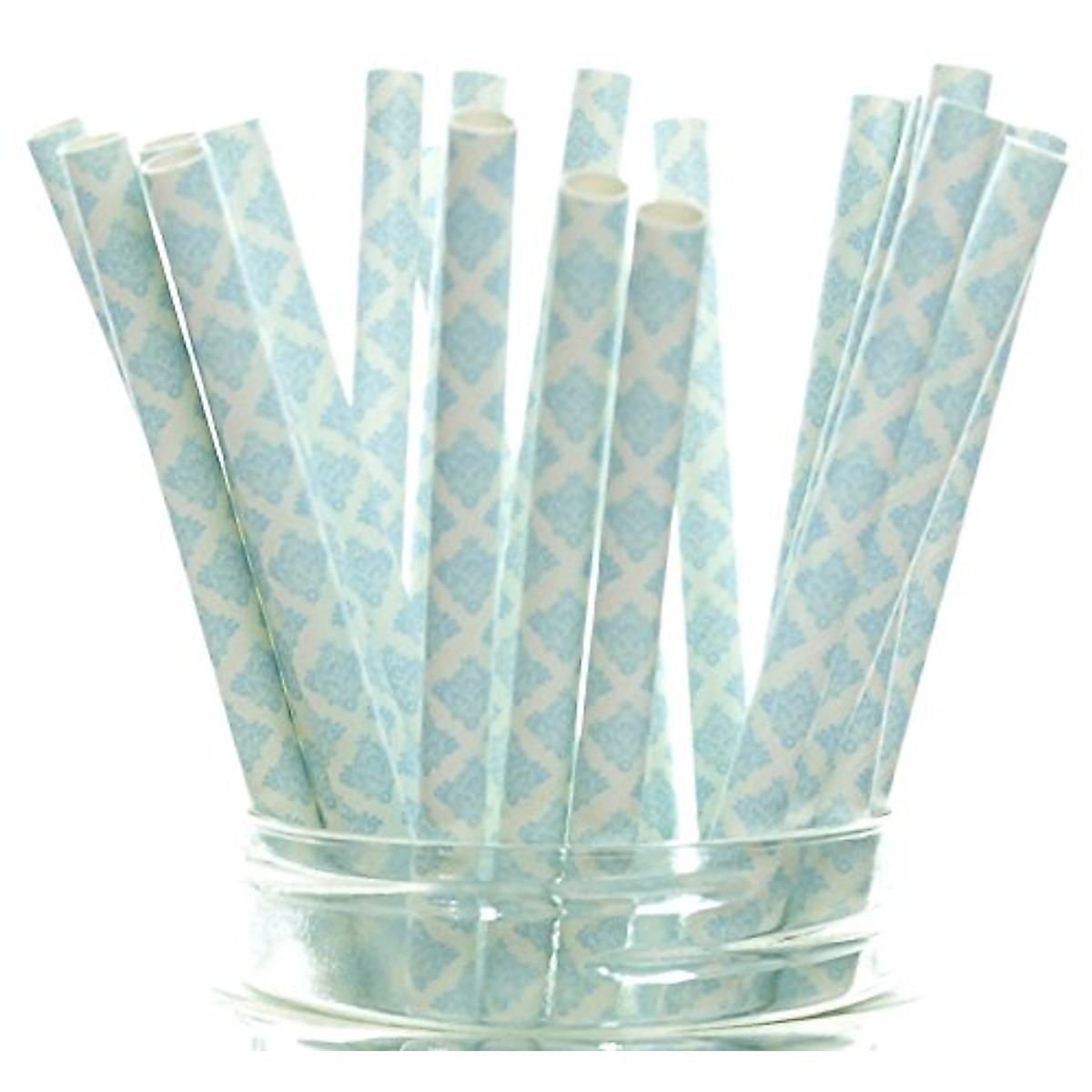 Light Aqua Baby Blue Damask Floral Straws (25 Pack) - Boy Baby Shower Supplies, Victorian Damask Party Straws, Wedding Vintage Straws, Flower Swirl Paper Straws