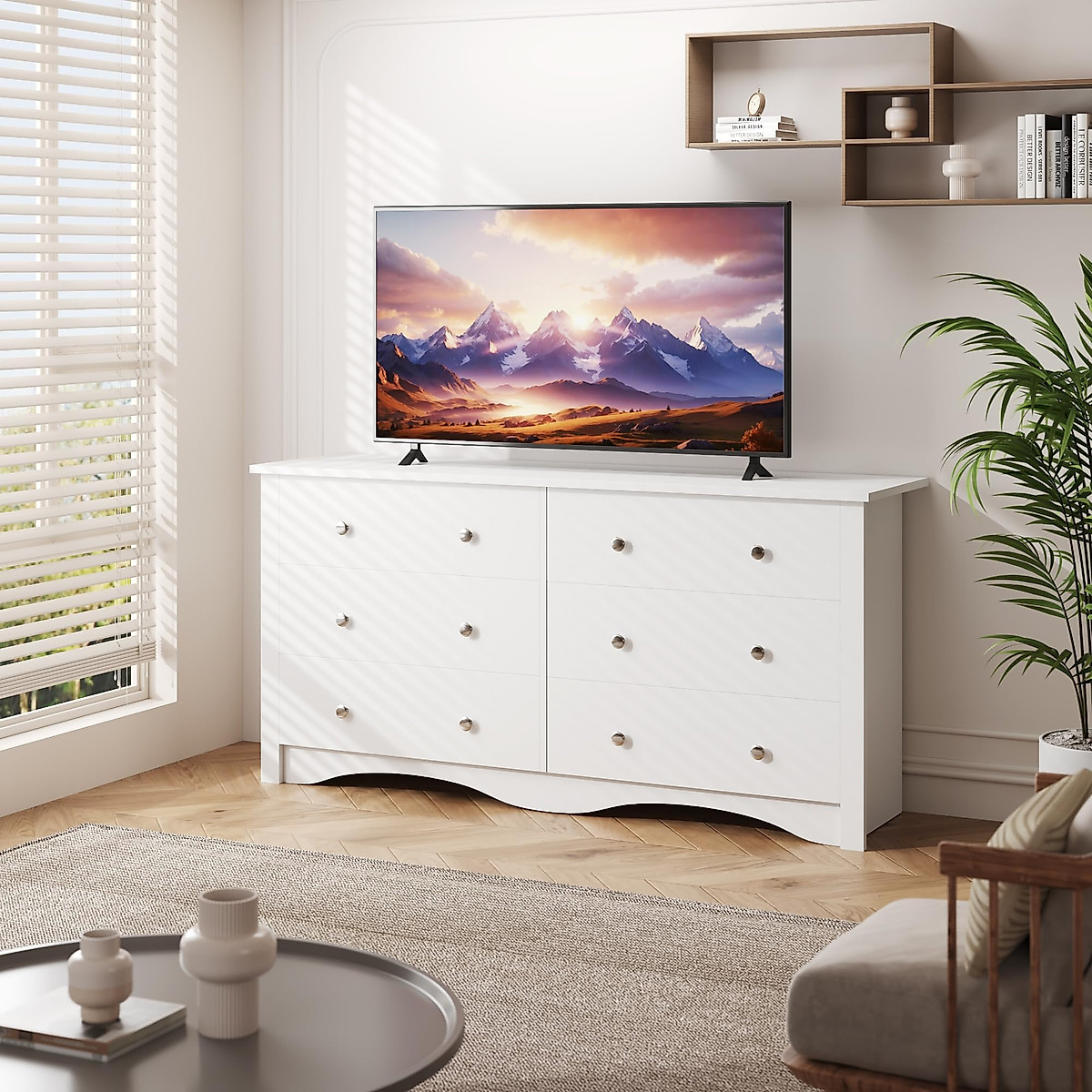 Furmax 6 Wood Drawers Dresser for Bedroom, Double Dresser for TV up to 65 inch, TV Stand Storage Chest of Drawers for Living Room Hallway Entryway (White)