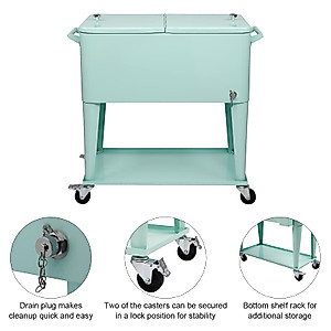 VINGLI 80 Quart Rolling Ice Chest on Wheels, Patio Cooler Party Bar Drink Cooler Cart with Shelf, Bottle Opener, Water Pipe