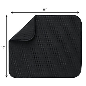 Envision Home Dish Drying Mat for Kitchen, Absorbent, Reversible Microfiber Dish Mat, 16 Inch x 18 Inch, Black