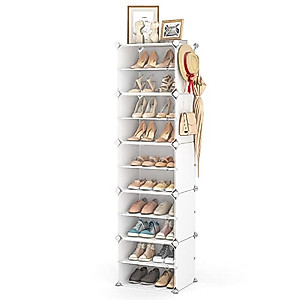 LANTEFUL 10 Tiers Tall Shoe Rack 20 Pair Shoe Organizer Narrow Shoe Rack with Door Portable Shoe Storage Cabinet with Hooks Sturdy Plastic White Shoe Rack for Entryway and Bedroom