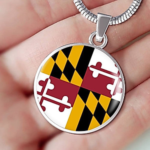 Express Your Love Gifts Maryland State Flag Necklace Stainless Steel or 18k Gold Circle Pendant 18-22"