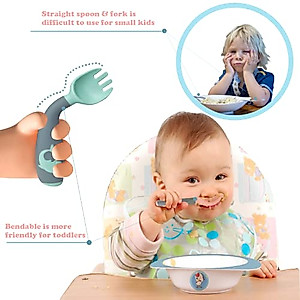 CocoMeiwei Toddler Utensils,Baby Silicone Spoon and Fork Set with Bendable Handle for Kids Self-feeding Learning,BPA Free Toddler Flatware 4 Pieces