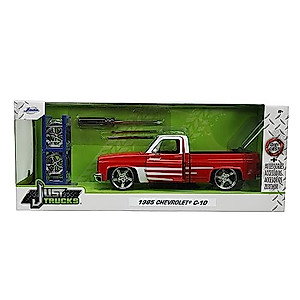 Just Trucks 1:24 1985 Chevy C10 Die-Cast Truck w/Tire Rack, Toys for Kids and Adults(Red/White)