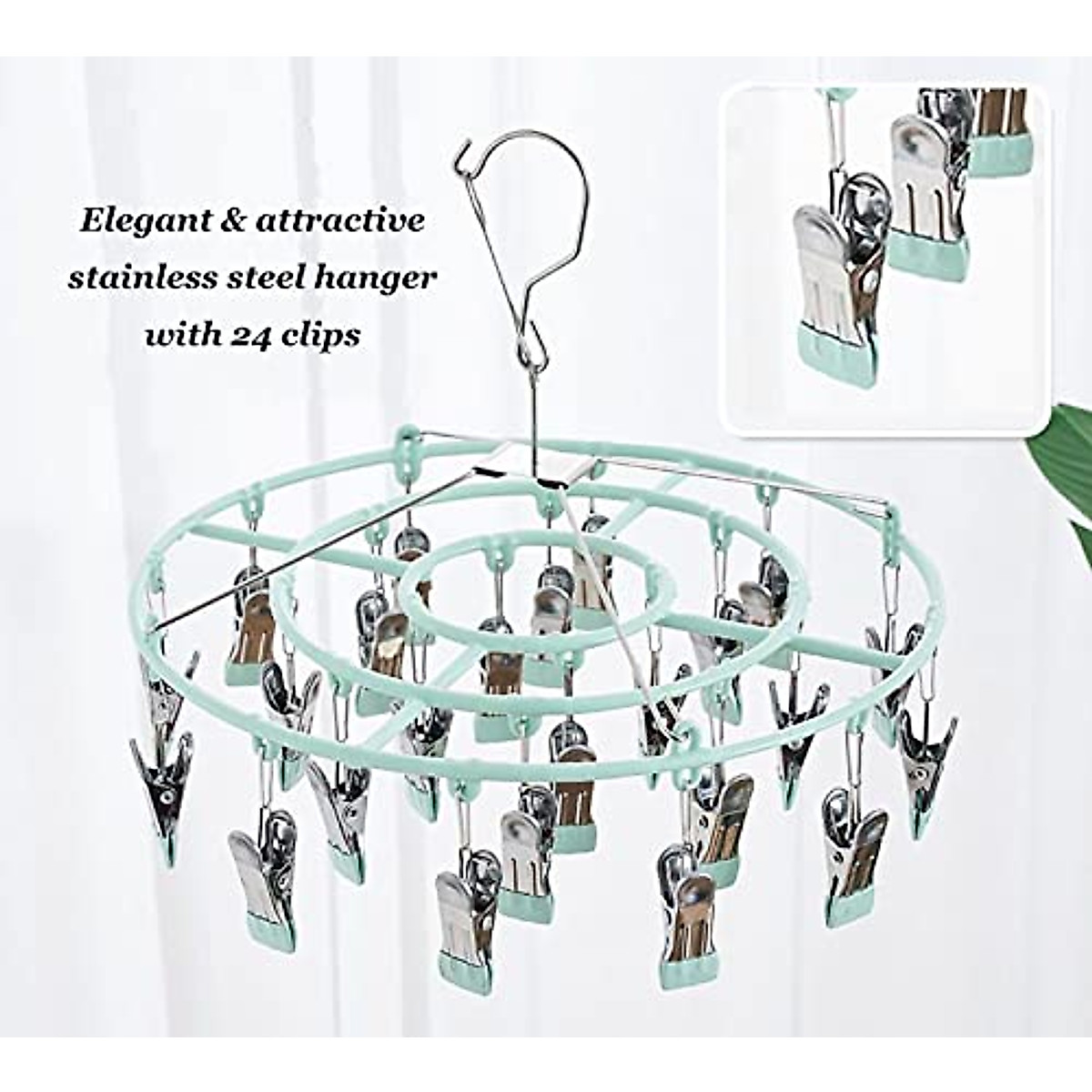 Decohomeforu Stainless Steel Clothes Sock Drying Rack with 24 Clips, Swivel Hook Windproof Clothes Hanger Rack for Sock, Bras, Towel, Underwear, Hat, Scarf, Gloves, Pants Laundry Clothes (Green Clips)