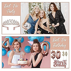 30th Birthday Decorations for Her - 5pcs Gifts Including 30th Tiara Crown, Sash, Cake Toppers, Balloons, Birthday Candles, 30 Birthday Gifts for Women