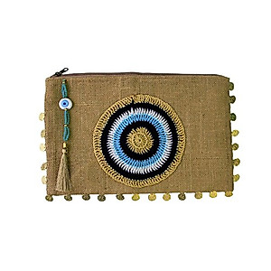 Karens Line Mia Evil Eye Eco Friendly Jute Handheld Clutch Purse Large Space with Zipper Closure&Crystal Decoration Natural Beige