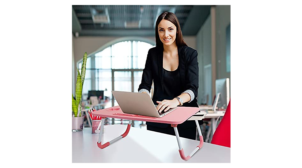 Foldable Pink Laptop Bed Desk with Storage & Cup Holder