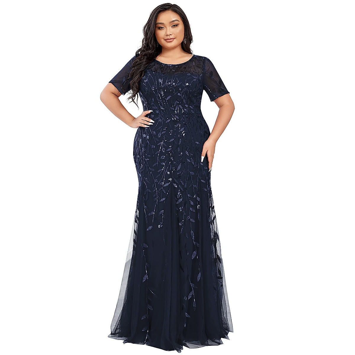 Ever-Pretty Women's Floor Length Mermaid Dress Prom Evening Dress Plus Size Dress Gowns for Women Navy Blue US18