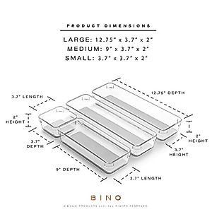 BINO | 4-Piece Drawer Organizer Bin Set - Grey, Small | THE MODULAR+ | Multi-Purpose Storage | Soft-Grip Lining and Non-Slip Rubber Feet | Durable | BPA-Free | Desk Drawer Organizer | Vanity Organizer