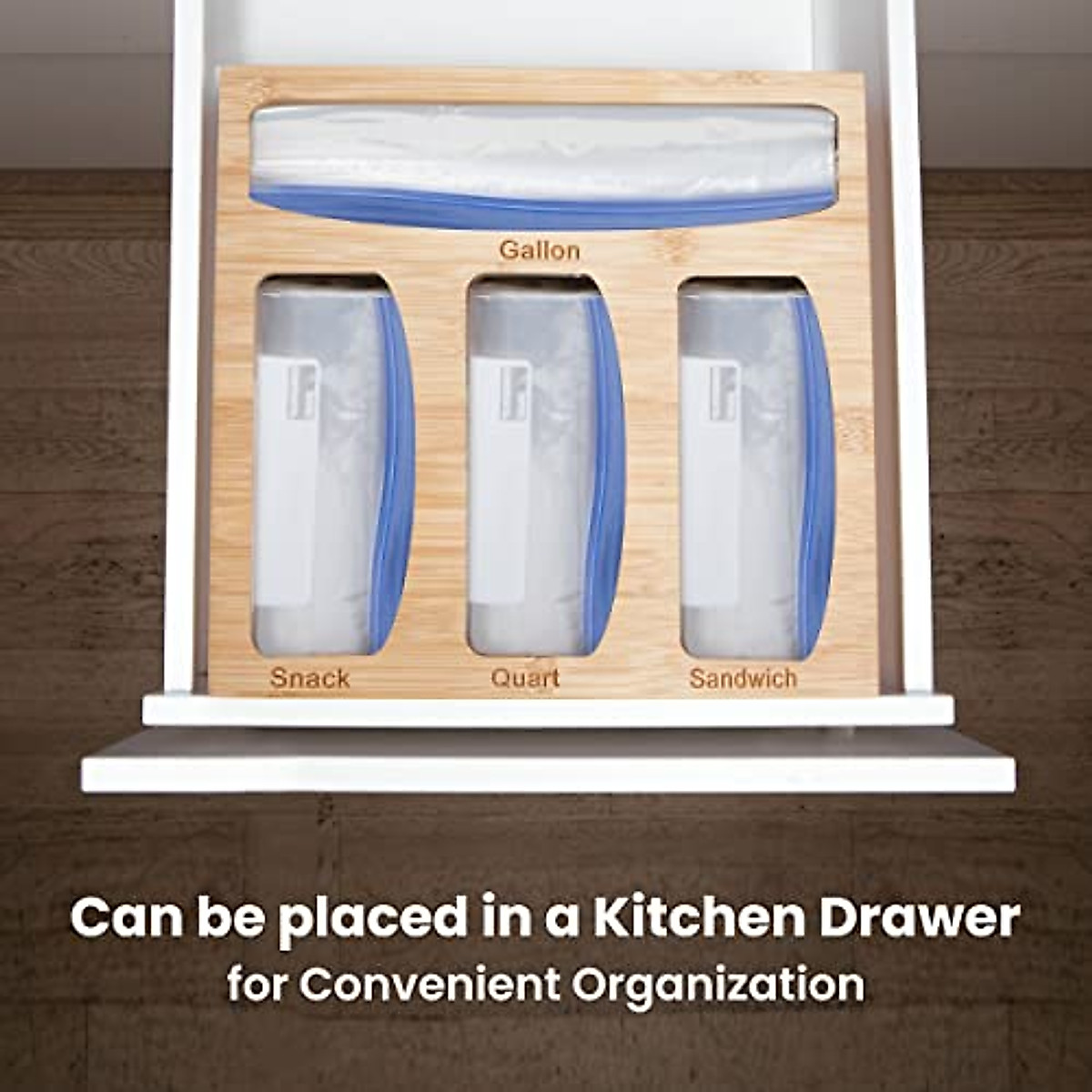 Bamboo Ziplock Bag Storage Organizer for Drawer and Wall-Mount; Gallon, Quart, Sandwich and Snack Plastic Bag Organizer; 4 Compartment Kitchen Drawer Organization and Storage for Baggies