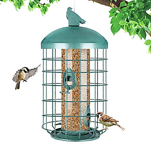 Yinns Caged Bird Feeder for Outside, Large Squirrel Proof Metal Bird Feeders 3 Lbs, Wild Bird Feeder Hanging Outdoors Tube Feeders with 4-Ports, Waterproof (Green)