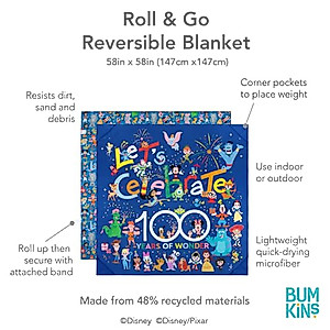Bumkins Disney Throw Blanket Towel, Baby Toddler and Kids, Travel, Beach, Picnic, Outdoor Indoor Play, Soft, Lightweight, Microfiber Resists Sand and Debris, Reversible, 58in x 58in – Celebration