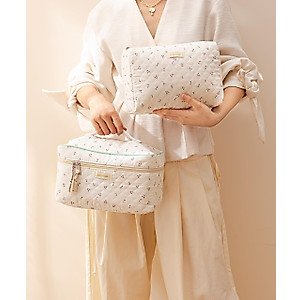 HBselect Quilted Makeup Bag, 3PCS Cotton Large Travel Makeup Bag, Cute Floral Coquette Make up Bag Cosmetic Bag Toiletry Bag for Women Girls