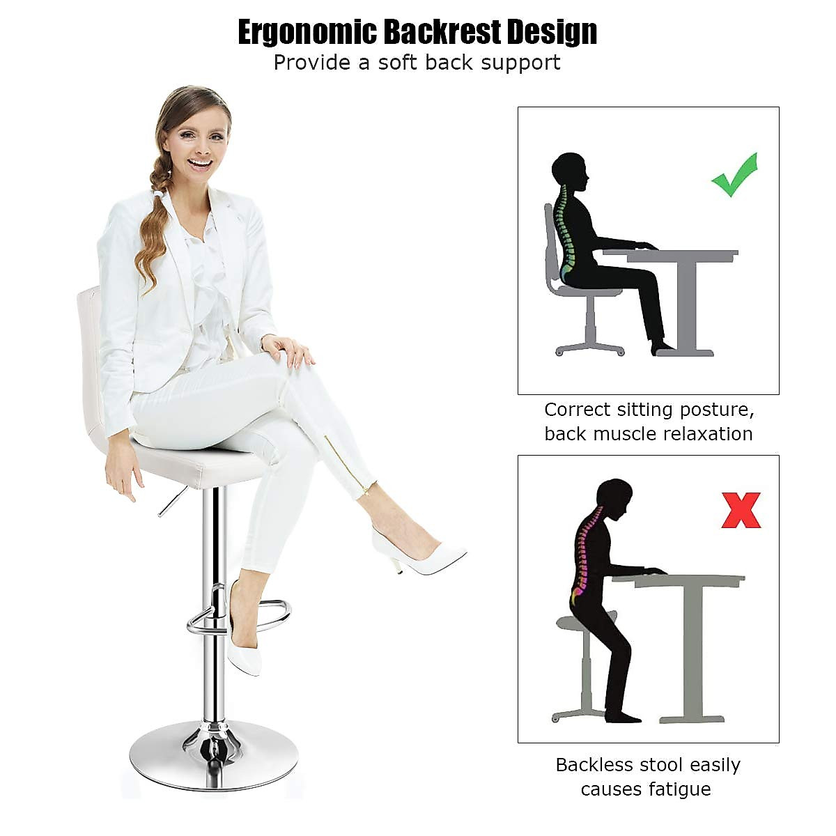 COSTWAY Bar Stool, Comfortable Swivel Adjustable PU Leather Bar Chair with Backrest, Soft Cushioned Seat, Footrest, Sturdy Metal Frame, Barstools for Kitchen, Pub(White, Set of 2)