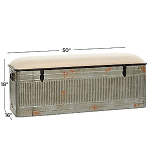 Deco 79 Metal Room Storage Bench Galvanized Entryway Bench with Cream Burlap Top, Bench 50" x 16" x 18", Gray