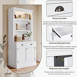 Merax 83.4" Tall Storage Bookshelf Bookcase 2-Piece Set with LED Lighting,2 Doors and 1 Drawer and Open Shelves for Home Office,White