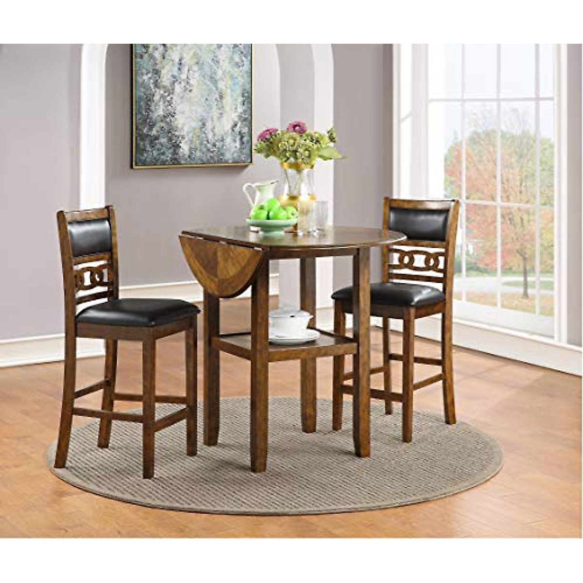 New Classic Furniture Gia 3-Piece Drop Leaf Counter Table Set with 2 Chairs, 42-Inch, Brown