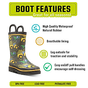 Western Chief Boys Waterproof Printed Rain Boot with Easy Pull on Handles - Tractor Tough, 8 M US Toddler