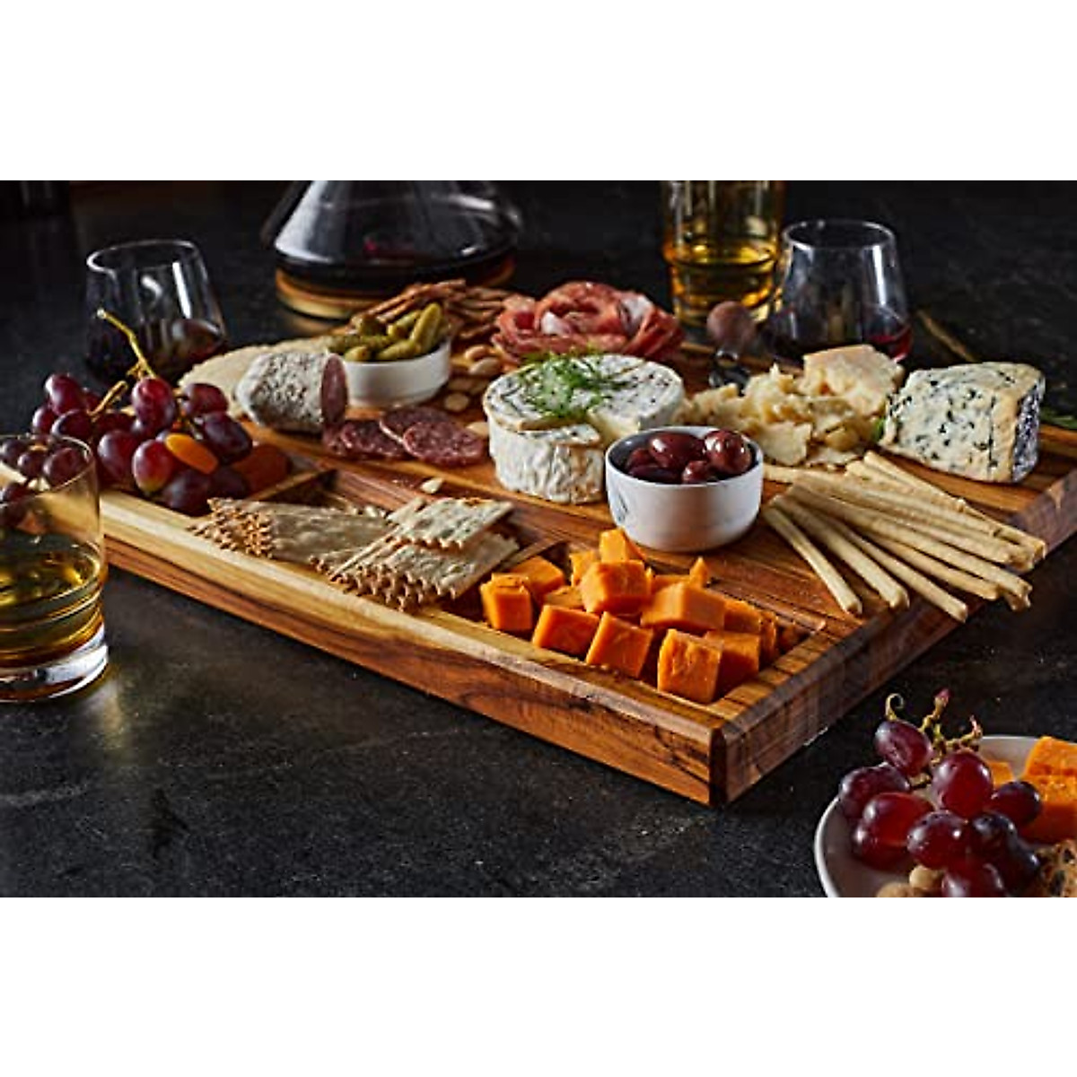 Sonder Los Angeles, XL Thick Teak Wood Cutting Board for Kitchen with Juice Groove, Sorting Compartments, Charcuterie Cheese Board 20x15x1.5 in (Gift Box Included)