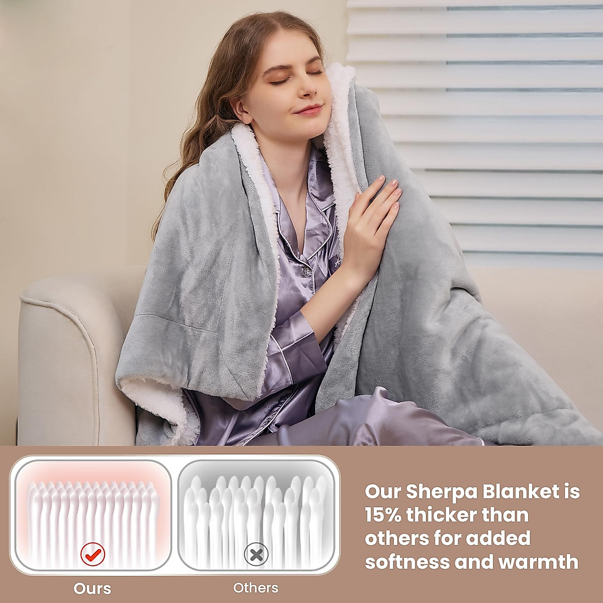 Sherpa Fleece Throw Blanket Queen Size - Thick and Warm Blanket for Winter, Warm Plush Fleece Reversible Blanket for Bed, Sofa, Couch, Camping and Travel, Light Grey, 90x90 Inches