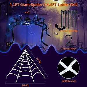 4.1FT Giant LED Halloween Spider with 24.6FT Spider Web, Light-Up Purple Eyes & Joints, Outdoor Yard Decoration with Ground Stakes & Gutter Hook, Durable & Realistic Wall Decor for Halloween Party