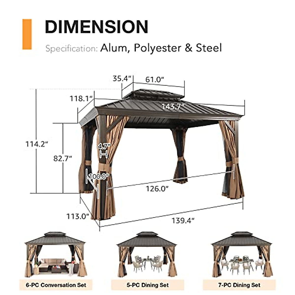 Patiorama 10’ x 12’ Hardtop Gazebo, Outdoor Aluminum Gazebo with Galvanized Steel Double Vented Roof Canopy, W/Shaded Curtains and Netting, Pergola for Patio, Garden, Yard, Lawn,Party, BBQ (Brown)
