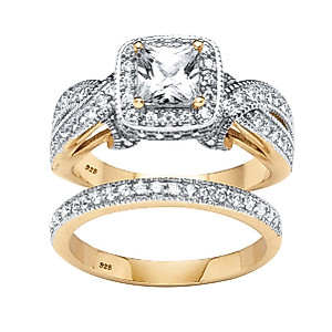 PalmBeach Yellow Gold-plated Sterling Silver Princess Cut Cubic Zirconia Halo Bridal Ring Set Sizes 6-10 Size 8