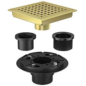 Bmvlffs Square Shower Floor Drain 6 Inch Brushed Gold, SUS 304 Stainless Steel with Flange, Removable Cover Quadrato Patten Grate, Includes Hair Strainer